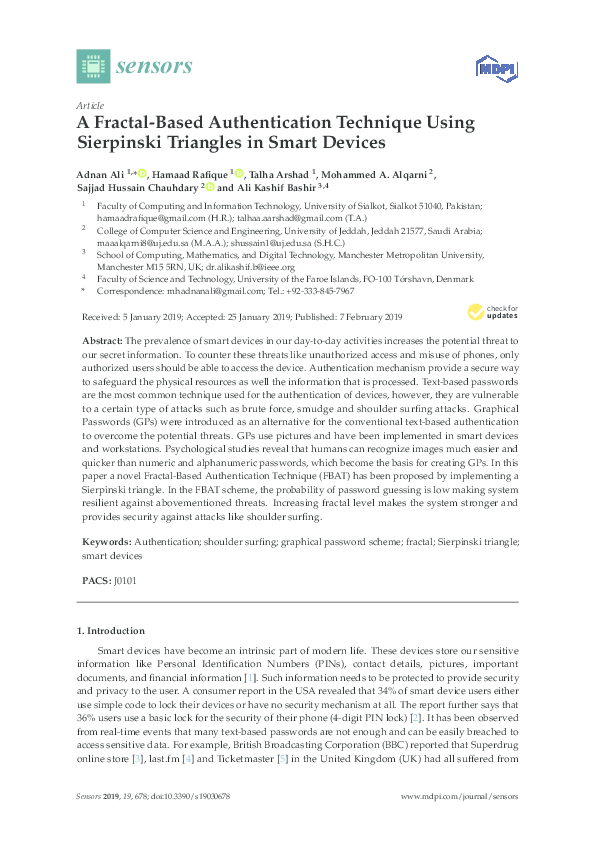 Pdf A Fractal Based Authentication Technique Using Sierpinski Triangles In Smart Devices