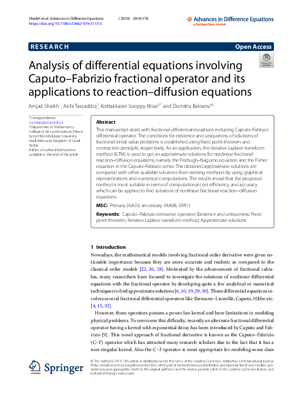 Pdf Analysis Of Differential Equations Involving Caputo Fabrizio
