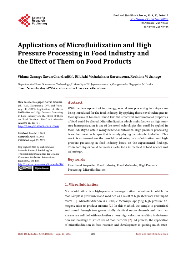 (PDF) Applications of Microfluidization and High Pressure Processing in ...