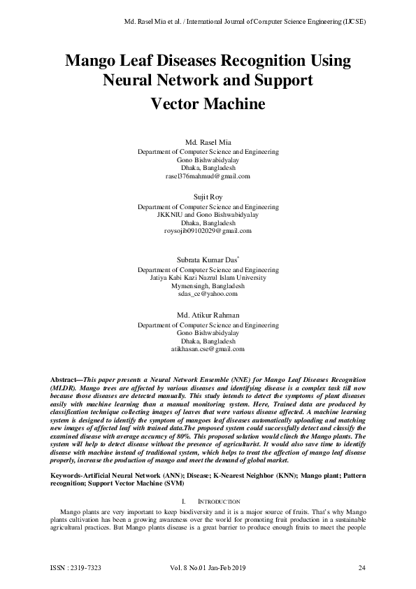 (PDF) Mango Leaf Diseases Recognition Using Neural Network and Support Vector Machine
