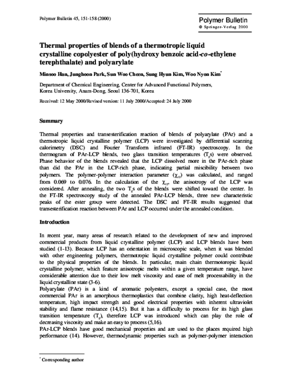 (PDF) Thermal properties of blends of a thermotropic liquid crystalline ...