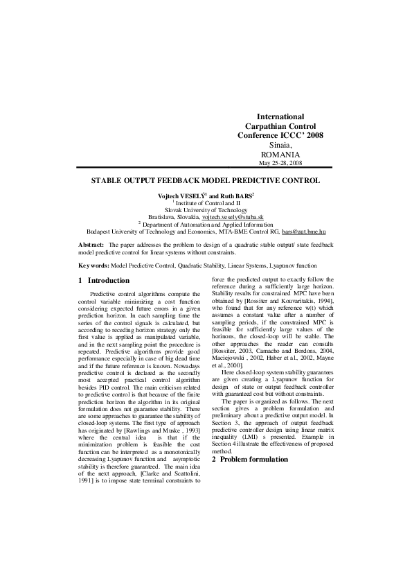 (PDF) Stable output feedback model predictive control design: LMI approach