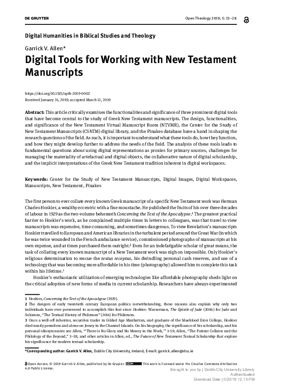 (PDF) Digital Tools for Working with New Testament Manuscripts