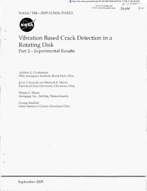 (PDF) Vibration Based Crack Detection in a Rotating Disk Part 2-Experimental Results
