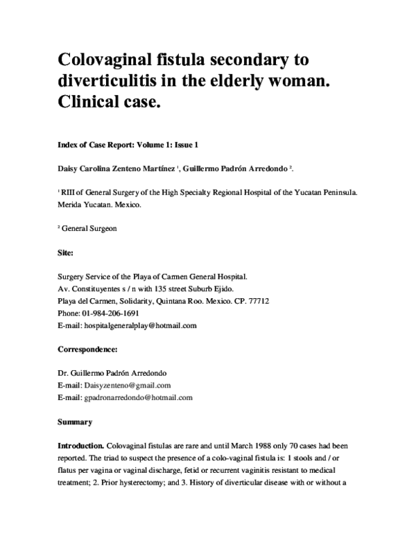(PDF) Colovaginal fistula secondary to diverticulitis in the elderly ...