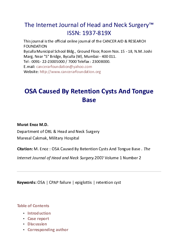 (PDF) OSA Caused By Retention Cysts And Tongue Base