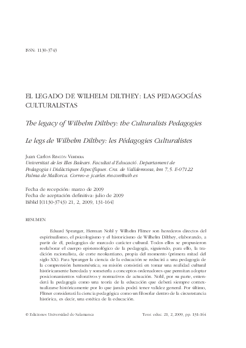 (PDF) El legado de Wilhelm Dilthey: las pedagogías culturalistas