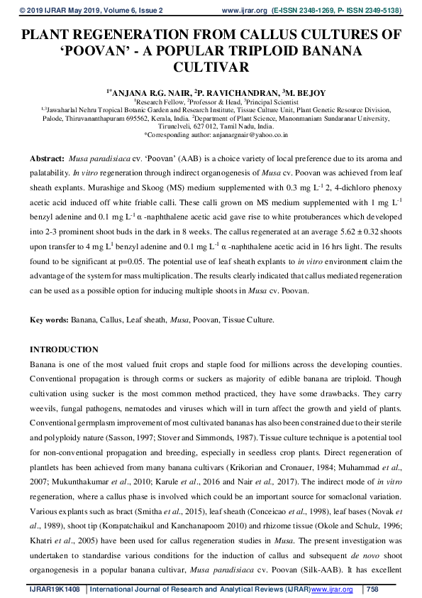 (PDF) PLANT REGENERATION FROM CALLUS CULTURES OF 'POOVAN' -A POPULAR ...