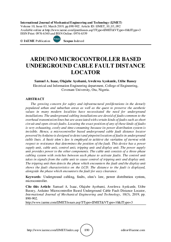 Pdf Arduino Microcontroller Based Underground Cable Fault Distance