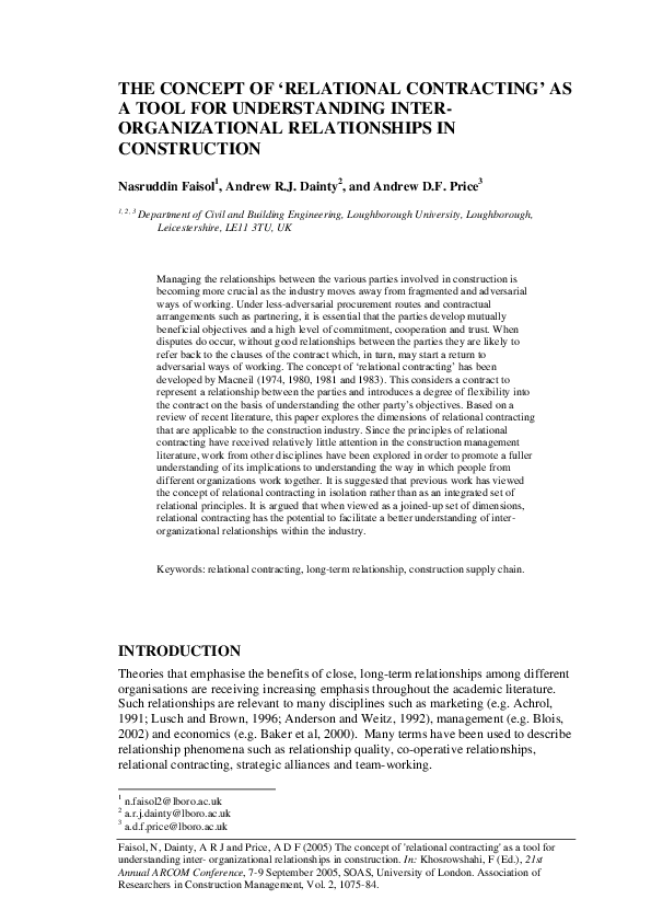 (PDF) THE CONCEPT OF 'RELATIONAL CONTRACTING'AS A TOOL FOR UNDERSTANDING INTER-ORGANIZATIONAL ...