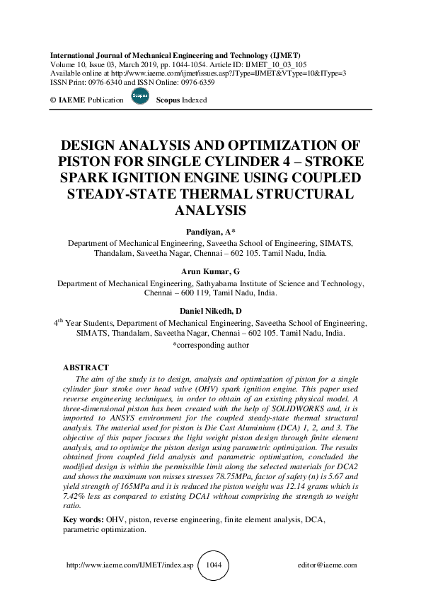 (PDF) DESIGN ANALYSIS AND OPTIMIZATION OF PISTON FOR SINGLE CYLINDER 4 ...