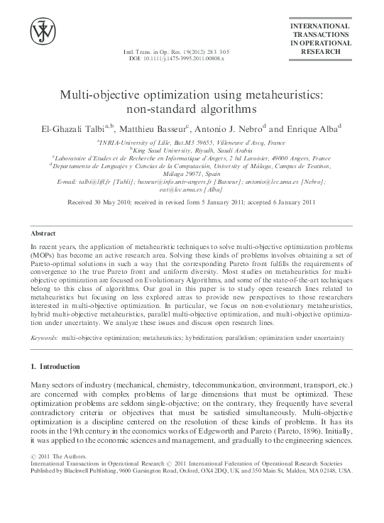 Pdf Multi Objective Optimization Using Metaheuristics Non Standard Algorithms