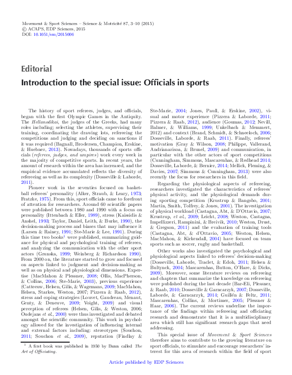 (PDF) Editorial Introduction to the special issue: Officials in sports