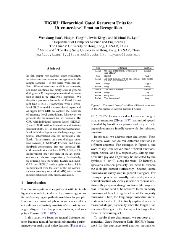 (PDF) HiGRU: Hierarchical Gated Recurrent Units for Utterance-level Emotion Recognition