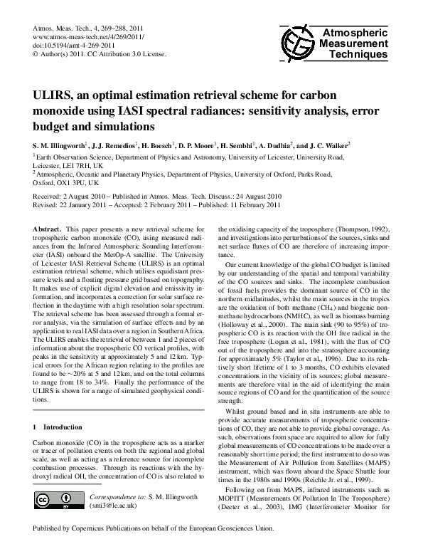 (PDF) ULIRS, an optimal estimation retrieval scheme for carbon monoxide using IASI spectral ...