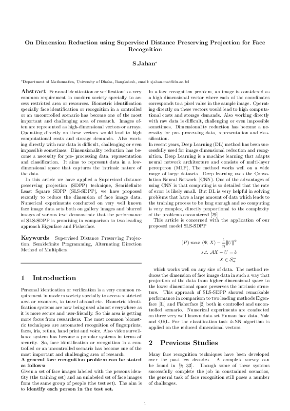 (PDF) On Dimension Reduction using Supervised Distance Preserving Projection for Face Recognition
