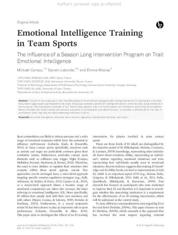 (PDF) Campo, M., Laborde, S., & Mosley, E. (in press). Emotional intelligence training in team ...