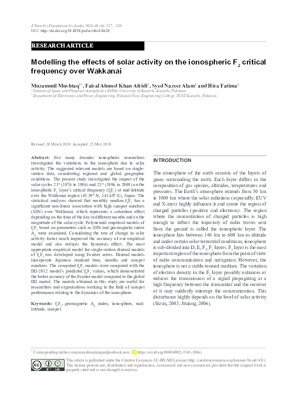 (PDF) Modelling the Effects of Solar Activity on the Ionospheric F2 Critical Frequency over Wakkanai