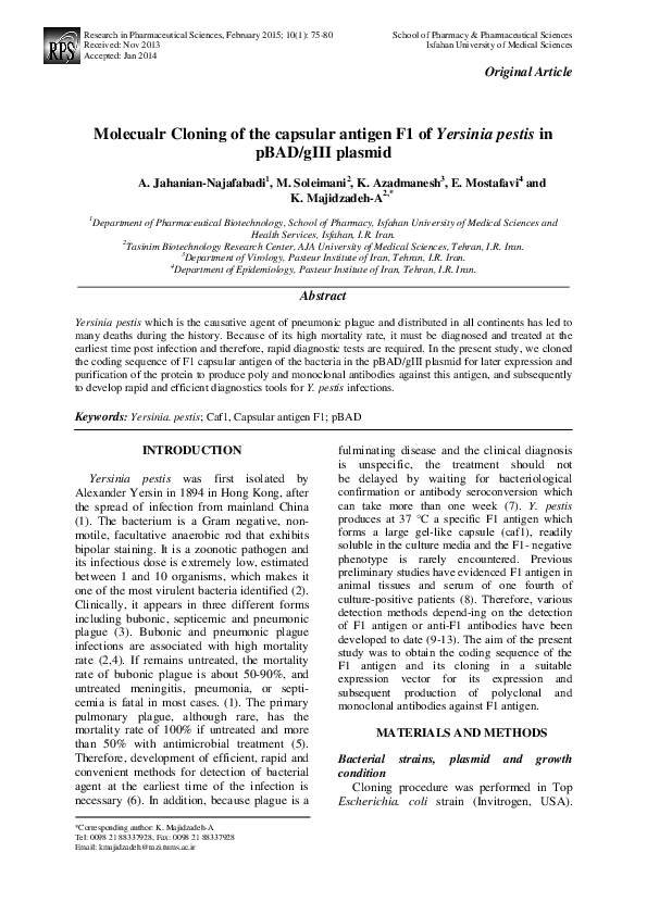 (PDF) Molecualr Cloning of the capsular antigen F1 of Yersinia pestis in pBAD/gIII plasmid
