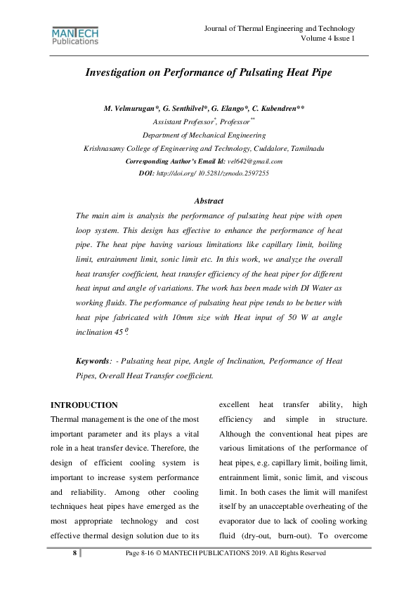 (PDF) Investigation on Performance of Pulsating Heat Pipe