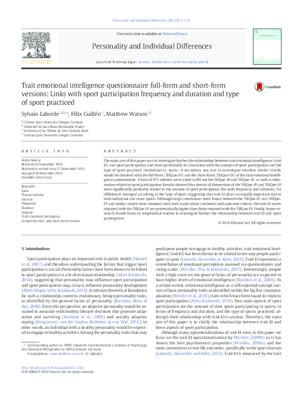 (PDF) Trait emotional intelligence questionnaire full-form and short ...