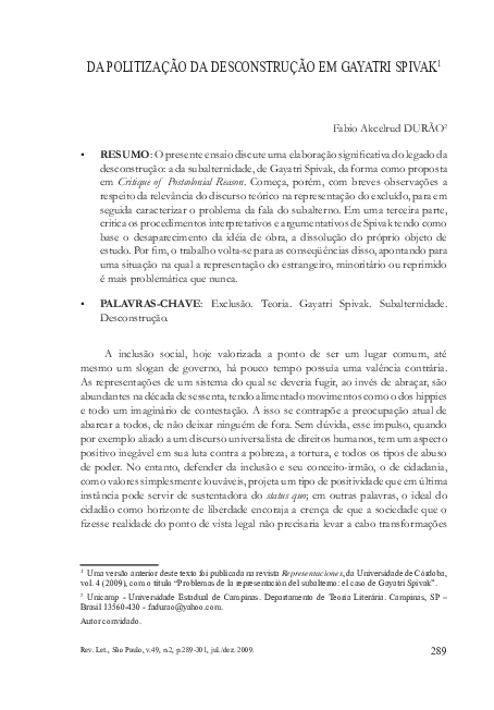 (PDF) Da politização da desconstrução em Gayatri Spivak/The ...