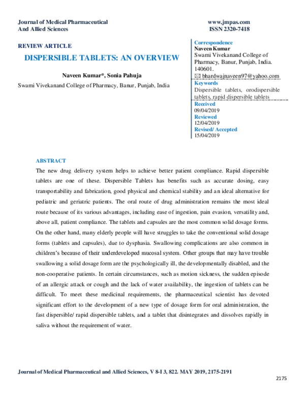 (PDF) DISPERSIBLE TABLETS: AN OVERVIEW