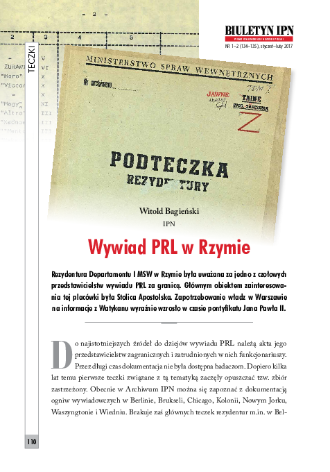 (PDF) Witold Bagieński, Wywiad PRL w Rzymie, „Biuletyn IPN” 2017, nr 1–2 (134–135), s. 110–127.