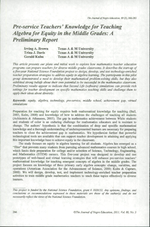 Pdf Pre Service Teachers Knowledge For Teaching Algebra For Equity