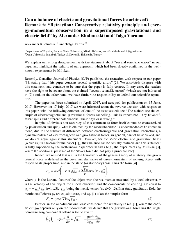 (PDF) Can a balance of electric and gravitational forces be achieved ...