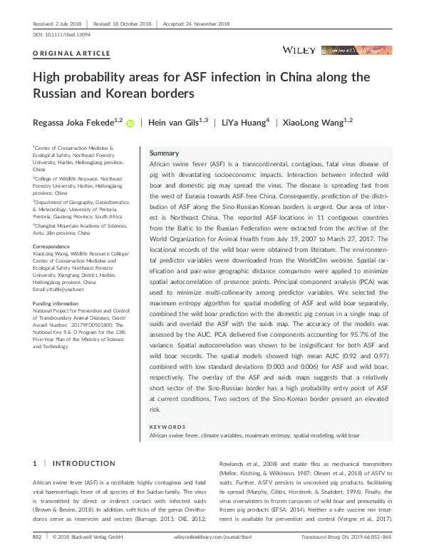 (PDF) High probability areas for ASF infection in China along the ...