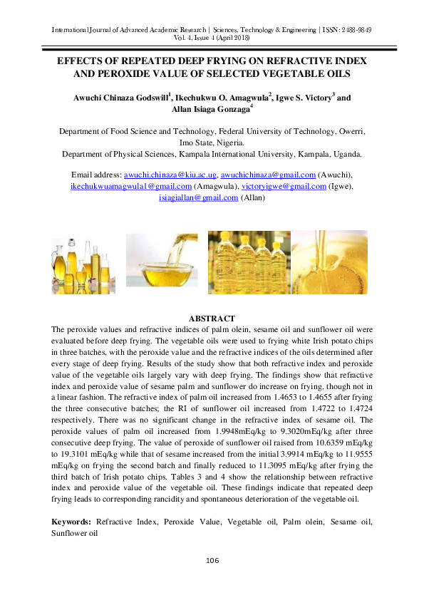 (PDF) EFFECTS OF REPEATED DEEP FRYING ON REFRACTIVE INDEX AND PEROXIDE VALUE OF SELECTED ...