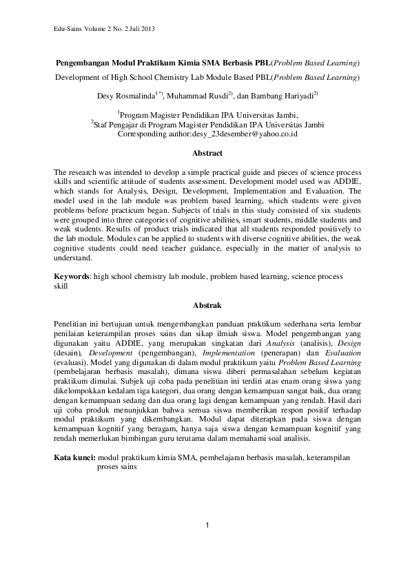 (PDF) Pengembangan Modul Praktikum Kimia SMA Berbasis PBL(Problem Based Learning)