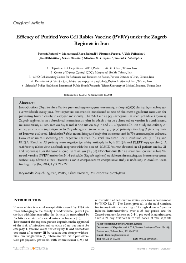 (PDF) Efficacy of Purified Vero Cell Rabies Vaccine (PVRV) under the ...