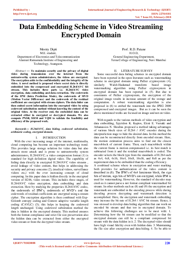 (PDF) IJERT-Data embedding scheme in video streamiing encrypted domain