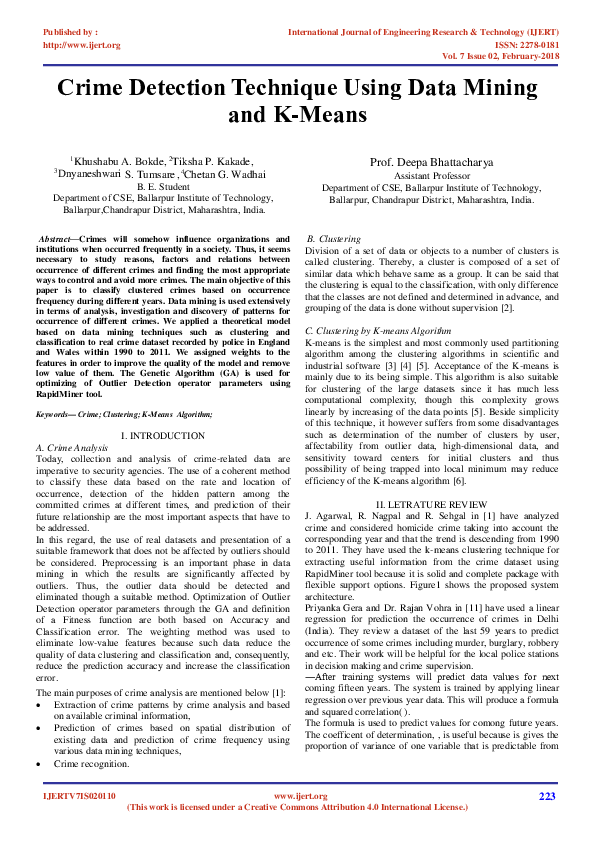 (PDF) IJERT-Crime Detection Technique Using Data Mining and K-Means
