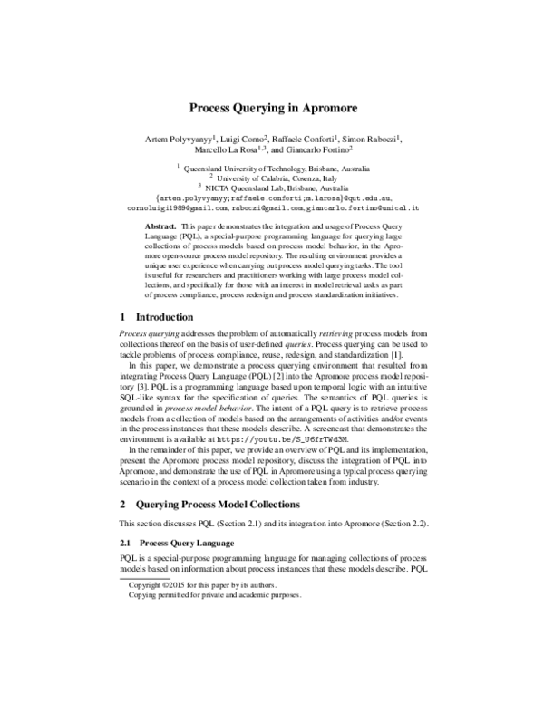 (PDF) Process Querying in Apromore