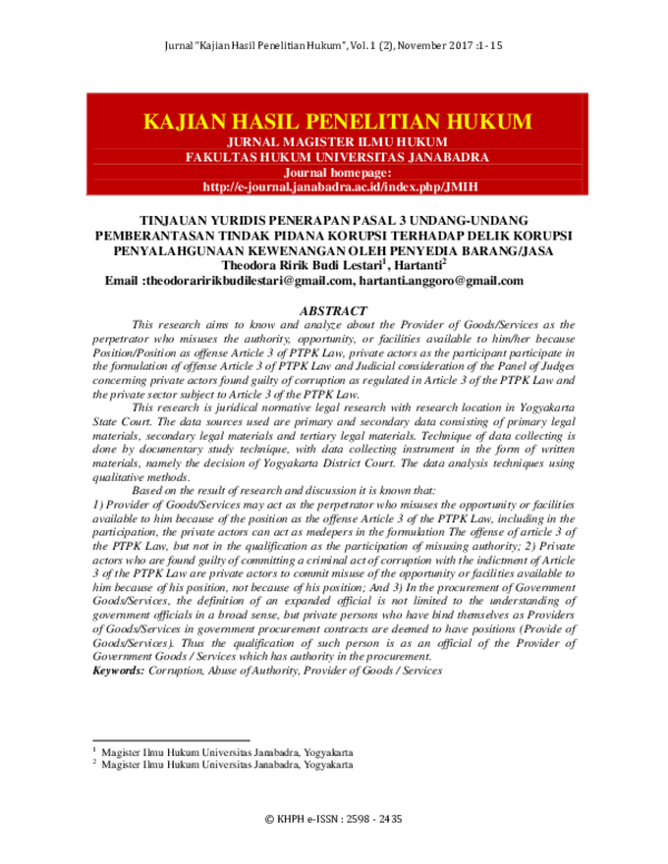 (PDF) TINJAUAN YURIDIS PENERAPAN PASAL 3 UNDANG-UNDANG PEMBERANTASAN TINDAK PIDANA KORUPSI ...