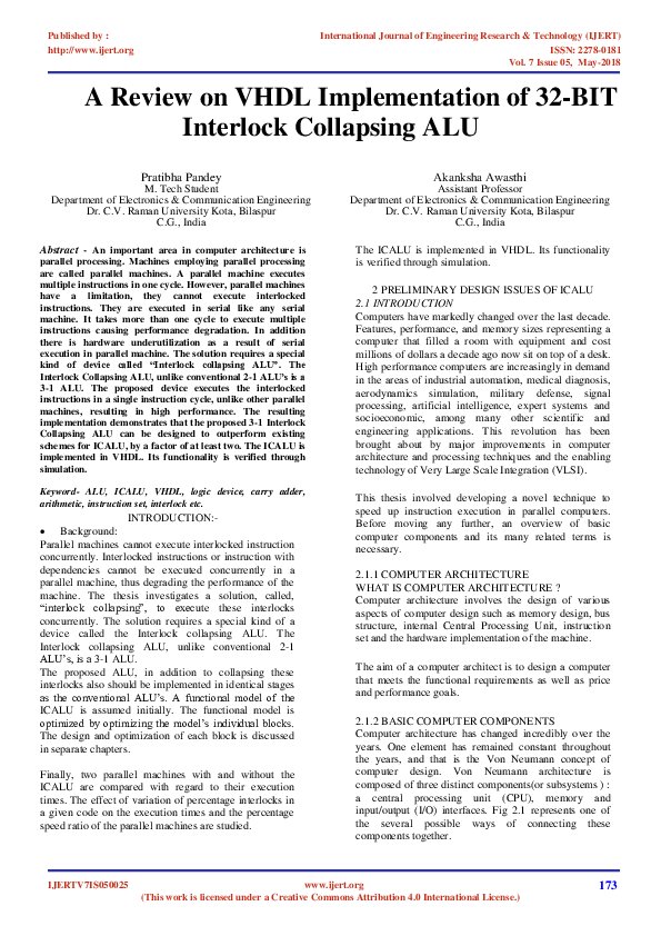 (PDF) IJERT-A Review on VHDL Implementation of 32-BIT Interlock Collapsing ALU | IJERT Journal ...