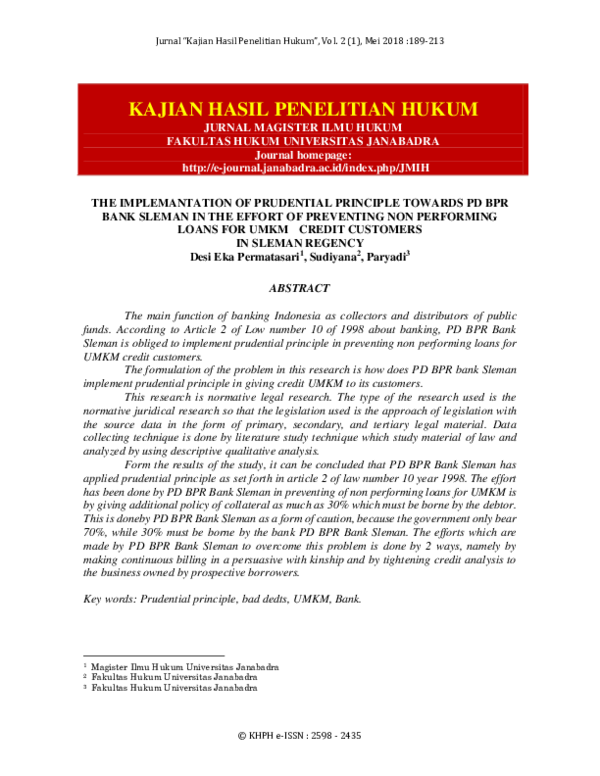 (PDF) THE IMPLEMANTATION OF PRUDENTIAL PRINCIPLE TOWARDS PD BPR BANK ...