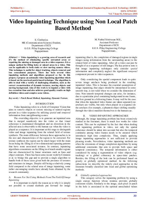 (PDF) IJERT-Video Inpainting Technique using Non Local Patch Based Method