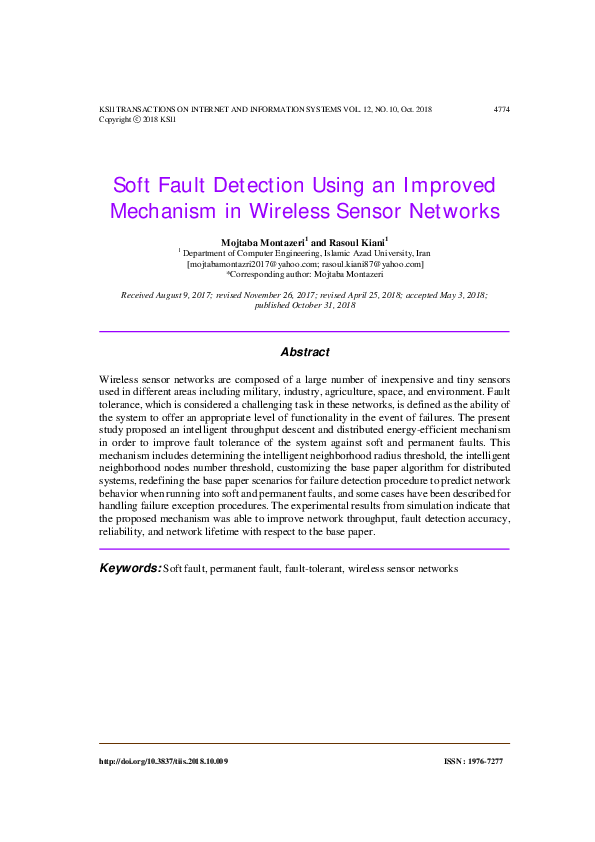 (PDF) Soft Fault Detection Using an Improved Mechanism in Wireless Sensor Networks