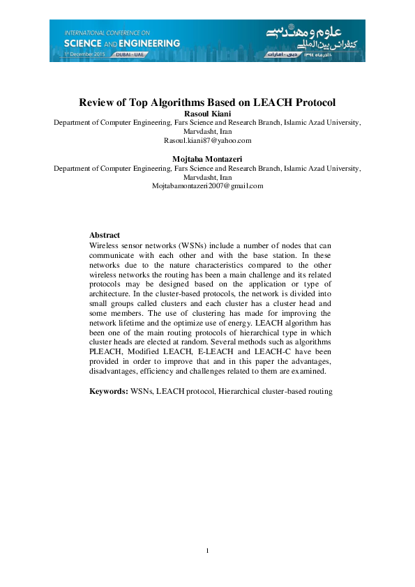 (PDF) Review of Top Algorithms Based on LEACH Protocol