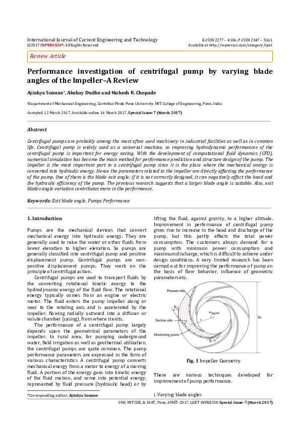 Pdf Performance Investigation Of Centrifugal Pump By Varying Blade Angles Of The Impeller A Review