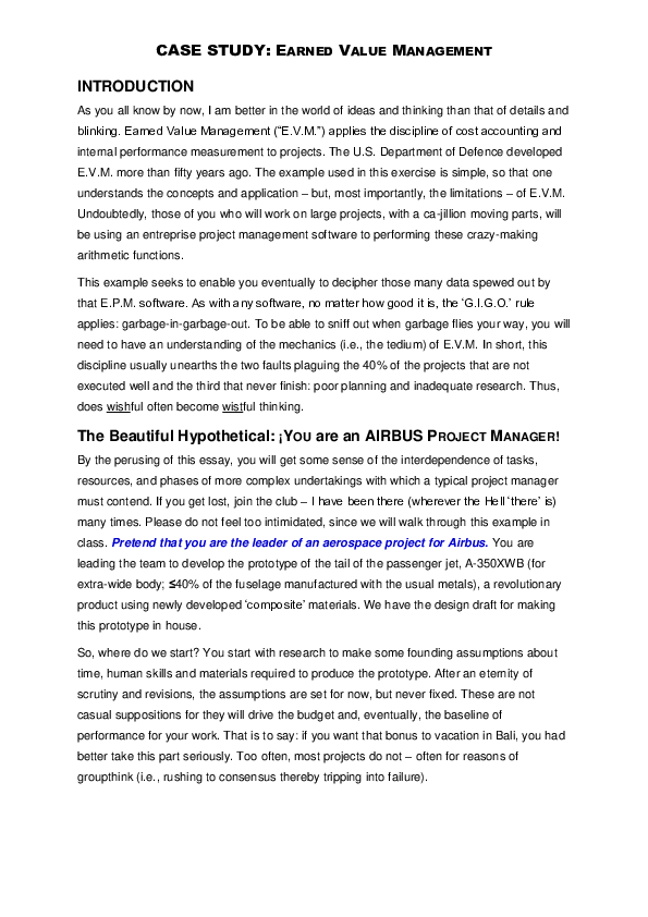 (DOC) CASE STUDY: EARNED VALUE MANAGEMENT
