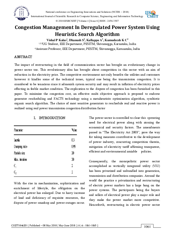 Pdf Congestion Management In Deregulated Power System Using Heuristic Search Algorithm
