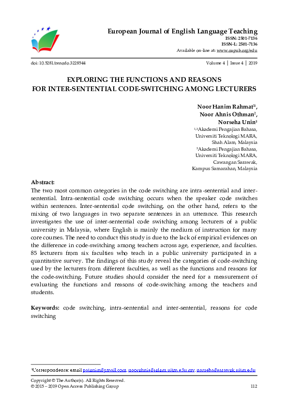 (PDF) EXPLORING THE FUNCTIONS AND REASONS FOR INTER-SENTENTIAL CODE ...