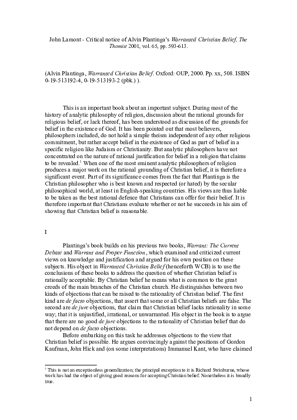 (DOC) Plantinga on belief