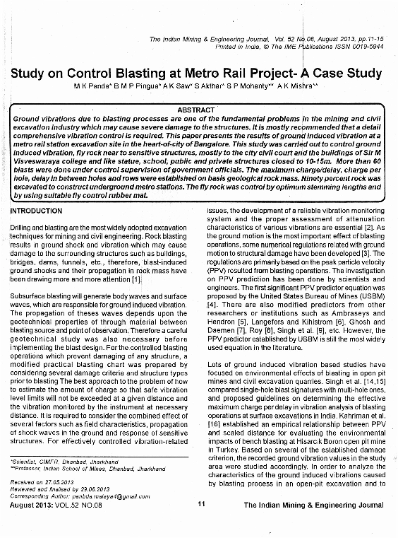 (PDF) Study on Control Blasting at Metro Rail Project - A Case Study