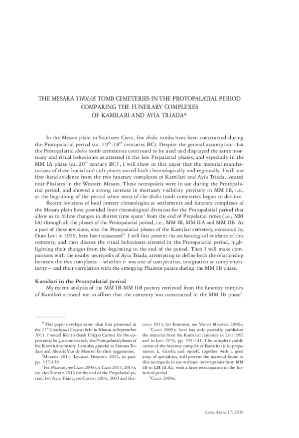 (PDF) I. CALOI, THE MESARA THOLOS TOMB CEMETERIES IN THE PROTOPALATIAL ...